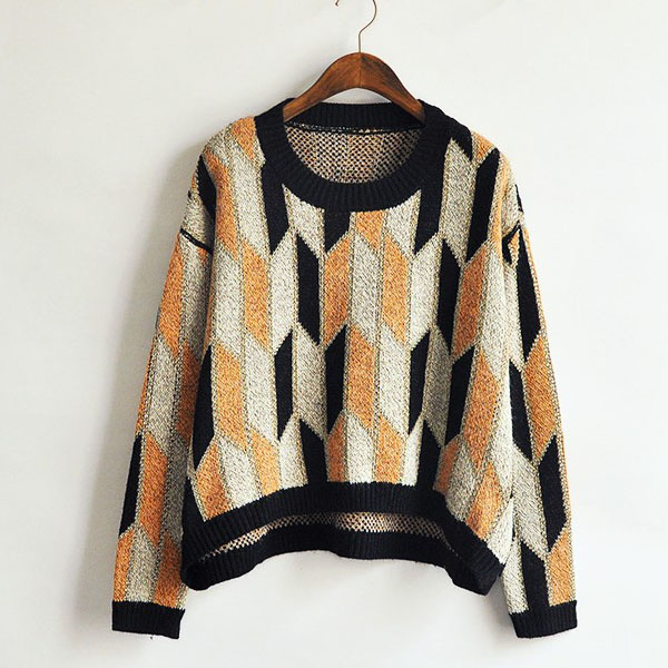 Gold Diamond Stripe Spell Color Thick Irregular Hem Knitted Pullover ...