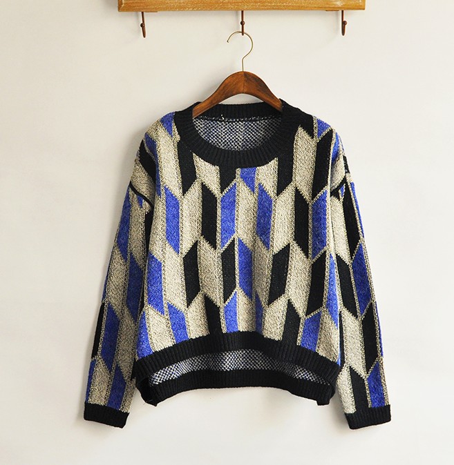 Gold Diamond Stripe Spell Color Thick Irregular Hem Knitted Pullover ...